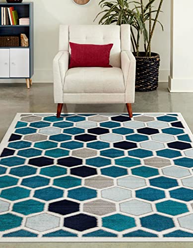 Unique Loom Metro Collection Abstract Multicolored Geometric Hexagon Area Rug, 4 ft x 6 ft, Ivory/Blue