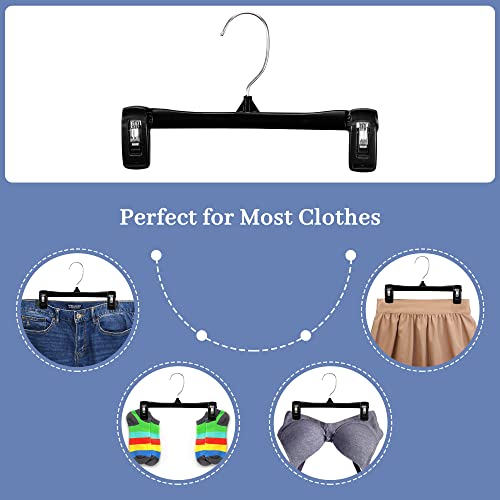 HOUSE DAY Black Pants Hangers, 10 Inch Skirt Hangers with Non-Slip Big Clips and 360° Swivel Hook, Heavy Duty Slim Plastic Pants Hangers, Space Saving Clip Hangers for Pants, Skirts, Shorts, 25 Pack