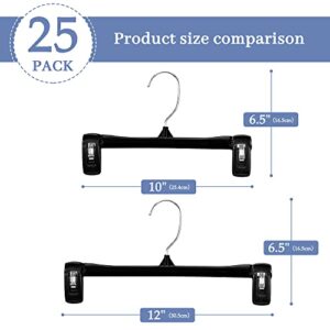 HOUSE DAY Black Pants Hangers, 10 Inch Skirt Hangers with Non-Slip Big Clips and 360° Swivel Hook, Heavy Duty Slim Plastic Pants Hangers, Space Saving Clip Hangers for Pants, Skirts, Shorts, 25 Pack