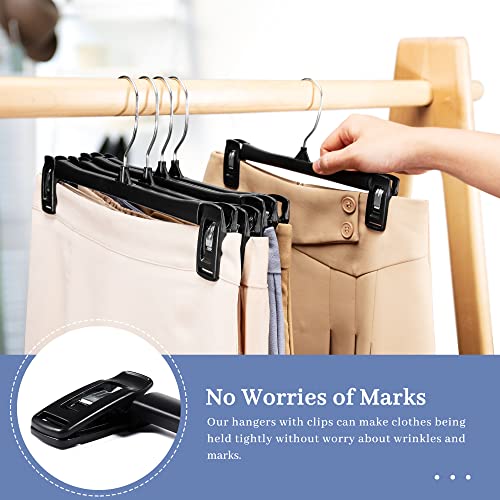 HOUSE DAY Black Pants Hangers, 10 Inch Skirt Hangers with Non-Slip Big Clips and 360° Swivel Hook, Heavy Duty Slim Plastic Pants Hangers, Space Saving Clip Hangers for Pants, Skirts, Shorts, 25 Pack