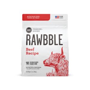 bixbi rawbble freeze dried dog food, beef recipe, 12 oz - 98% meat and organs, no fillers - pantry-friendly raw dog food for meal, treat or food topper - usa made in small batches