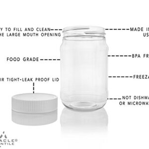 Pinnacle Mercantile Plastic Mason Jars - Screw on Ribbed Lid - 16 ounce-Set 6-Airtight Liner-Meal Prep Containers-Freezer Safe BPA Free