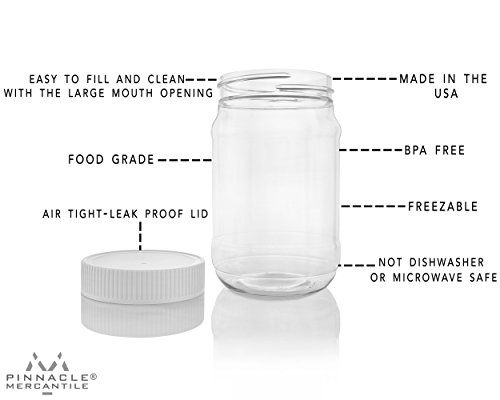 Pinnacle Mercantile Plastic Mason Jars - Screw on Ribbed Lid - 16 ounce-Set 6-Airtight Liner-Meal Prep Containers-Freezer Safe BPA Free