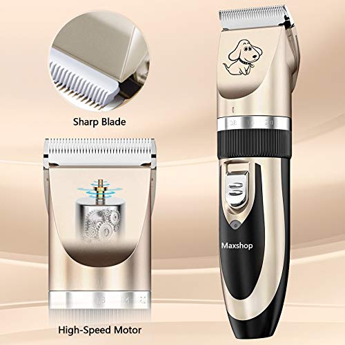 Maxshop Dog Grooming Kit, Low Noise Rechargeable Dogs Shaver Clippers Electric Quiet Dog Hair Trimmer for Dogs and Cats with Comb Guides Scissors Nail Kits (Gold-1)