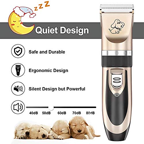 Maxshop Dog Grooming Kit, Low Noise Rechargeable Dogs Shaver Clippers Electric Quiet Dog Hair Trimmer for Dogs and Cats with Comb Guides Scissors Nail Kits (Gold-1)