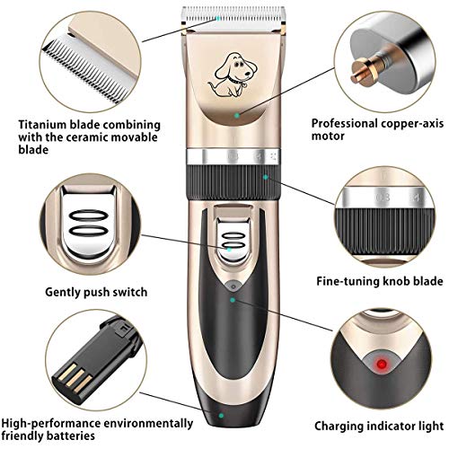 Maxshop Dog Grooming Kit, Low Noise Rechargeable Dogs Shaver Clippers Electric Quiet Dog Hair Trimmer for Dogs and Cats with Comb Guides Scissors Nail Kits (Gold-1)