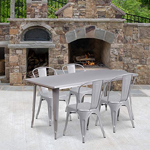 Flash Furniture Commercial Grade 31.5" x 63" Rectangular Silver Metal Indoor-Outdoor Table Set with 4 Stack Chairs