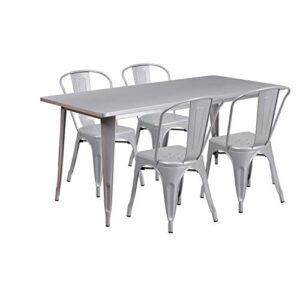 Flash Furniture Commercial Grade 31.5" x 63" Rectangular Silver Metal Indoor-Outdoor Table Set with 4 Stack Chairs