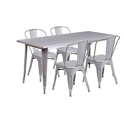 Flash Furniture Commercial Grade 31.5" x 63" Rectangular Silver Metal Indoor-Outdoor Table Set with 4 Stack Chairs