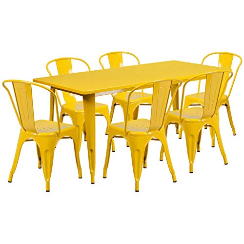 Flash Furniture Commercial Grade 31.5" x 63" Rectangular Yellow Metal Indoor-Outdoor Table Set with 6 Stack Chairs