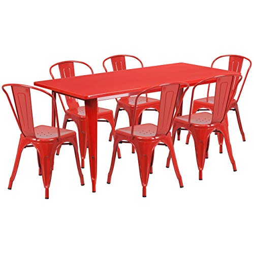 Flash Furniture Commercial Grade 31.5" x 63" Rectangular Yellow Metal Indoor-Outdoor Table Set with 6 Stack Chairs