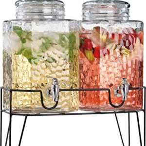 Homephile Double Ice Cold Clear Glass Hammered Beverage Drink Dispensers On Metal Stand 1.5 Gallon Each Mason Jug for Outdoor, Parties & Daily Use