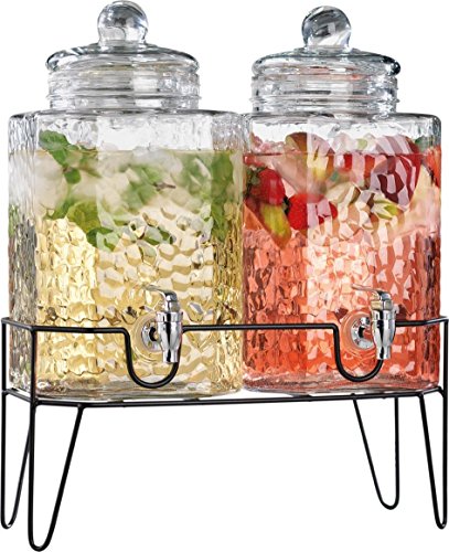 Homephile Double Ice Cold Clear Glass Hammered Beverage Drink Dispensers On Metal Stand 1.5 Gallon Each Mason Jug for Outdoor, Parties & Daily Use