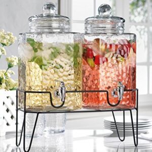 Homephile Double Ice Cold Clear Glass Hammered Beverage Drink Dispensers On Metal Stand 1.5 Gallon Each Mason Jug for Outdoor, Parties & Daily Use