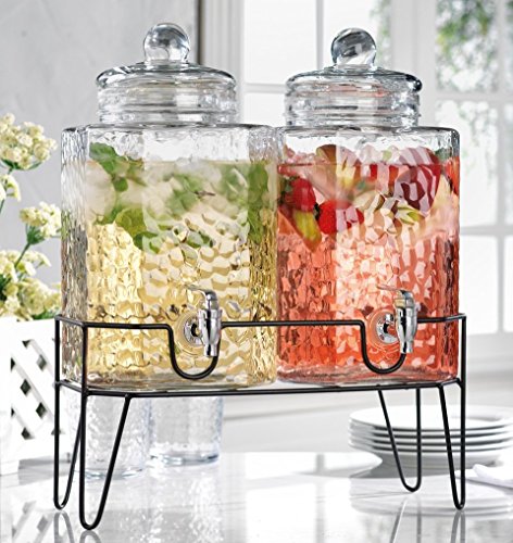 Homephile Double Ice Cold Clear Glass Hammered Beverage Drink Dispensers On Metal Stand 1.5 Gallon Each Mason Jug for Outdoor, Parties & Daily Use