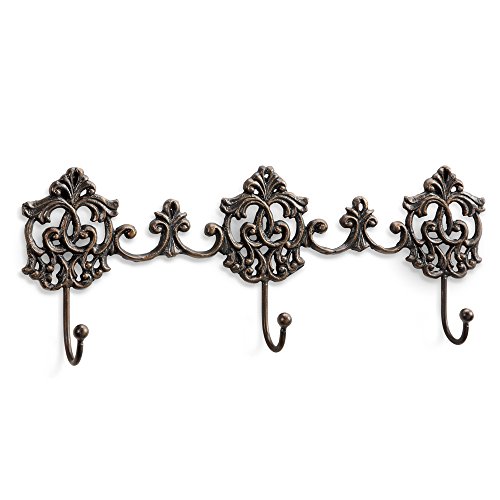 Elegant Ornate Scroll Triple Wall Hooks 16.5 Inches Antiqued Brass Finish