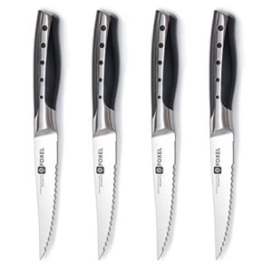 foxel dishwasher safe steak knives knife set of 4, 8, or 12 - serrated steak knife set w/japanese stainless steel, full tang handle, and rust resistant blade - steak knifes gift box set