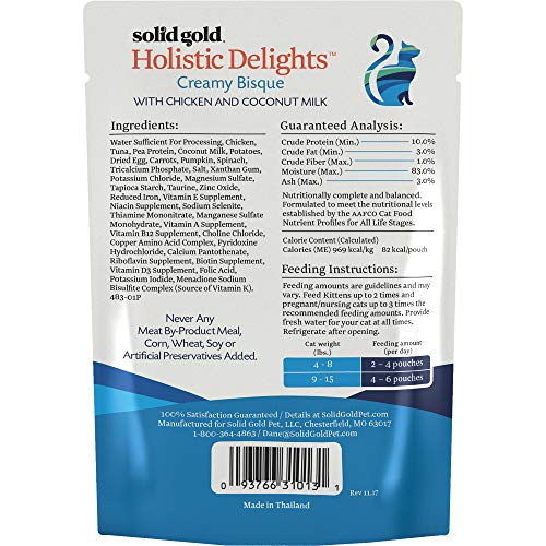 Solid Gold Wet Cat Food Pouches - Holistic Delights Creamy Bisque Lickable Cat Treats - Grain Free with Real Chicken in Coconut Puree for Your Kitten, Adult or Senior Cat - 24Ct/3oz Pouch