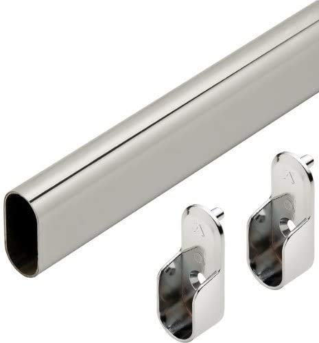 Oval Wardrobe Tube Polished Chrome Closet Rod W/End Supports, Welded Steel, 1.0mm Thick Chrome-Plated (1, 36")