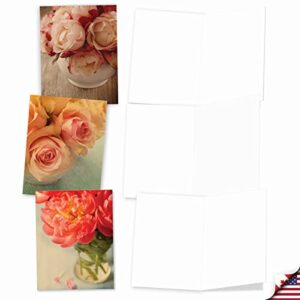 The Best Card Company - 10 Blank Note Cards with Flowers (4 x 5.12 Inch) - Floral Notecards, All Occasion Boxed Assortment - Full Blooms M6553OCB