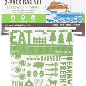 Lunchskins Reusable 2 Piece Food Storage Bag Set, 1 Sandwich Bag + 1 Snack Bag, Green Farm