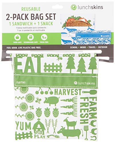 Lunchskins Reusable 2 Piece Food Storage Bag Set, 1 Sandwich Bag + 1 Snack Bag, Green Farm