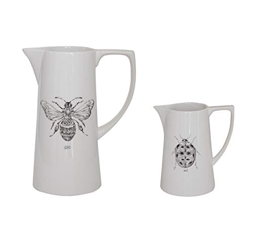 Creative Co-Op White Ceramic Pitcher with Bee Image