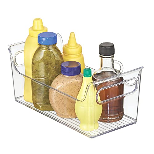 mDesign Plastic Kitchen Pantry Cabinet, Refrigerator, Freezer Food Storage Organizer Bin - for Fruit, Drinks, Snacks, Eggs, Pasta - Combo Includes Bins, Condiment Caddy, Egg Holder - Set of 4 - Clear