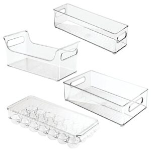 mDesign Plastic Kitchen Pantry Cabinet, Refrigerator, Freezer Food Storage Organizer Bin - for Fruit, Drinks, Snacks, Eggs, Pasta - Combo Includes Bins, Condiment Caddy, Egg Holder - Set of 4 - Clear