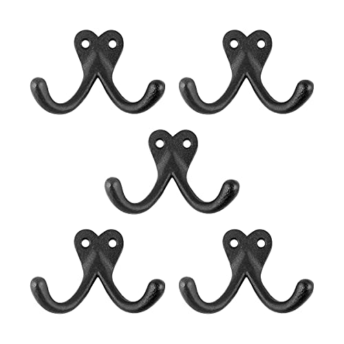 Renovators Supply Black Cast Iron Coat Double Hook Decorative Robe Wall Mount Hanger Hooks for Hat or Jacket Holder Rust Resistant Powder Coated Utility Storage Hooks with Hardware Pack of 5