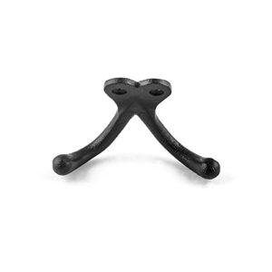 Renovators Supply Black Cast Iron Coat Double Hook Decorative Robe Wall Mount Hanger Hooks for Hat or Jacket Holder Rust Resistant Powder Coated Utility Storage Hooks with Hardware Pack of 5