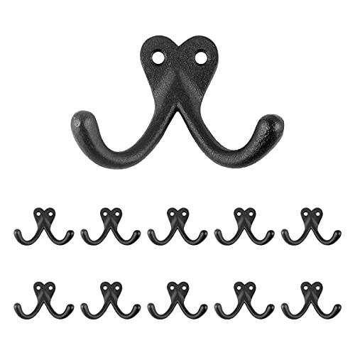 Renovators Supply Black Cast Iron Coat Double Hook Decorative Robe Wall Mount Hanger Hooks for Hat or Jacket Holder Rust Resistant Powder Coated Utility Storage Hooks with Hardware Pack of 10