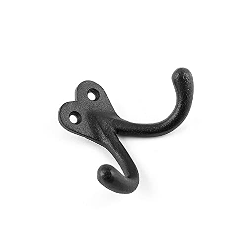 Renovators Supply Black Cast Iron Coat Double Hook Decorative Robe Wall Mount Hanger Hooks for Hat or Jacket Holder Rust Resistant Powder Coated Utility Storage Hooks with Hardware Pack of 10