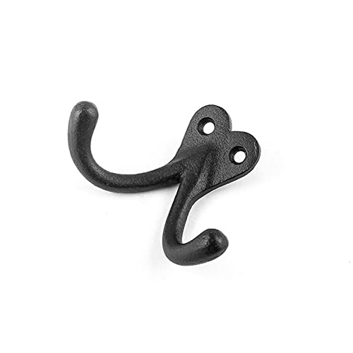 Renovators Supply Black Cast Iron Coat Double Hook Decorative Robe Wall Mount Hanger Hooks for Hat or Jacket Holder Rust Resistant Powder Coated Utility Storage Hooks with Hardware Pack of 10