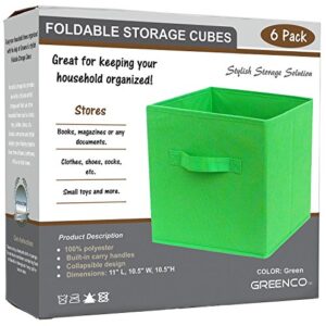 Greenco Foldable Storage Cubes, 6 pcs (Green) | Closet Organizer Storage Basket/Box/Bin/Shelf | Cube Storage Organizer | Collapsible Storage Bins Boxes | Non-woven Cloth Fabric Bin Drawers/Baskets