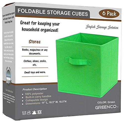 Greenco Foldable Storage Cubes, 6 pcs (Green) | Closet Organizer Storage Basket/Box/Bin/Shelf | Cube Storage Organizer | Collapsible Storage Bins Boxes | Non-woven Cloth Fabric Bin Drawers/Baskets