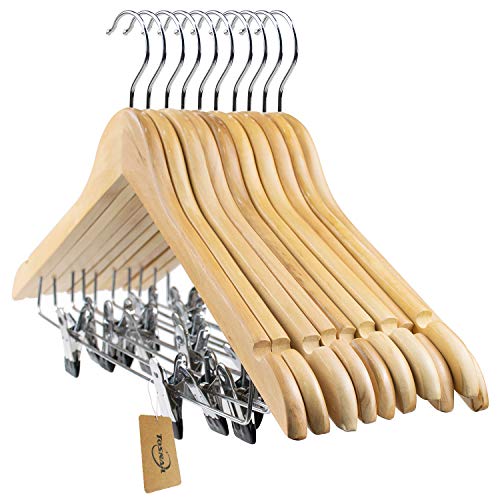 Tosnail 12-Pack Wooden Pant Hanger, Wooden Suit Hangers with Steel Clips and Hooks, Natural Wood Collection Skirt Hangers, Standard Clothes Hangers