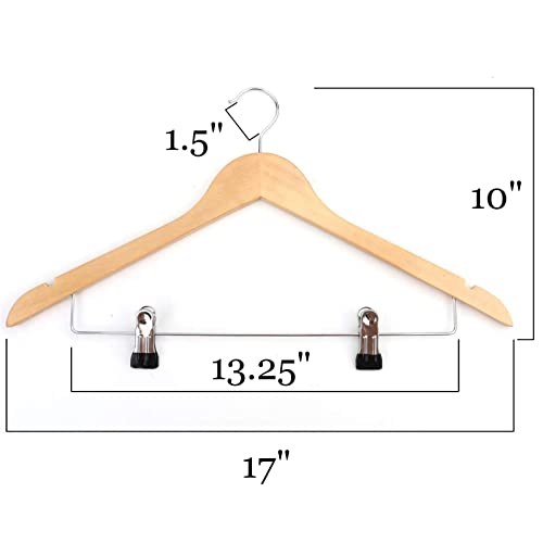 Tosnail 12-Pack Wooden Pant Hanger, Wooden Suit Hangers with Steel Clips and Hooks, Natural Wood Collection Skirt Hangers, Standard Clothes Hangers