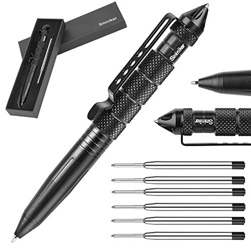 Sminiker Professional Defender Tactical Pen With 6 Ink Refills Aircraft Aluminum Self Defense Pen With Glass Breaker Writing Multifunctional Survival Tool (Black)