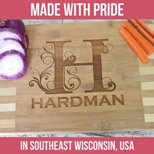 Brew City Engraving - Monogram Letter Bamboo Cutting Board Personalized & Laser Engraved Name; Present for Birthdays Housewarmings Client Gifts Weddings Anniversaries Parents Couples & Friends