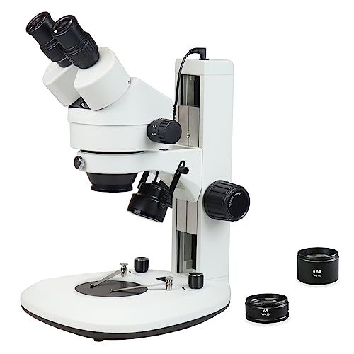 Vision Scientific VS-2EZ Binocular Zoom Stereo Microscope, 10x Widefield Eyepiece, 0.7X—4.5X Zoom Range, 3.5X—90x Magnification Range, 0.5X & 2X Auxiliary Lens, LED Illumination, Track Stand