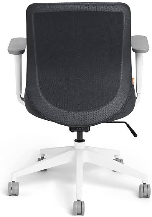 Poppin Mid Back Max Task Chair - Dark Gray Cushions + White Frame, Curvy Mesh Backrest, Adjustable Recliner, Armrest and Height Settings, 5 Caster Wheels for Easy Movement