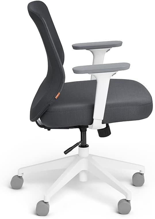 Poppin Mid Back Max Task Chair - Dark Gray Cushions + White Frame, Curvy Mesh Backrest, Adjustable Recliner, Armrest and Height Settings, 5 Caster Wheels for Easy Movement