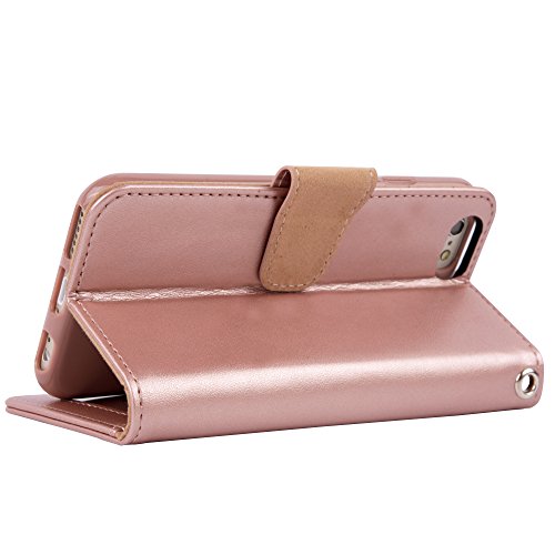 Arae Case for iPhone 6s / iPhone 6, Premium PU Leather Wallet case [Wrist Strap] Flip Folio [Kickstand Feature] with ID&Credit Card Pockets for iPhone 6s / 6 4.7 inch (Rosegold)