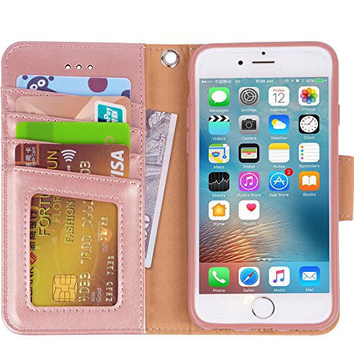 Arae Case for iPhone 6s / iPhone 6, Premium PU Leather Wallet case [Wrist Strap] Flip Folio [Kickstand Feature] with ID&Credit Card Pockets for iPhone 6s / 6 4.7 inch (Rosegold)