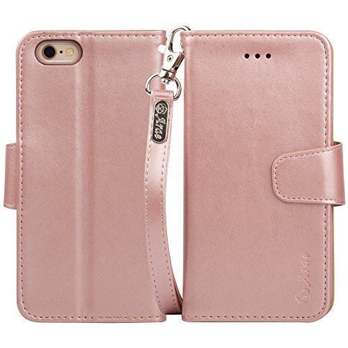 Arae Case for iPhone 6s / iPhone 6, Premium PU Leather Wallet case [Wrist Strap] Flip Folio [Kickstand Feature] with ID&Credit Card Pockets for iPhone 6s / 6 4.7 inch (Rosegold)