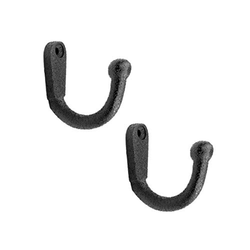 Renovators Supply Black Wrought Iron Wall Coat Hook Durable 2" Proj. Single Hooks for Towel, Kitchenware, Robe or Jacket Wall Mount Rust Resistant Powder Coated Hanger Hooks with Hardware Pack of 2