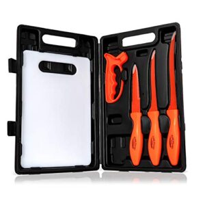 flex fillet fishing cutlery set with sharpening steel, cutting board and durable leymar handles, 5-peice