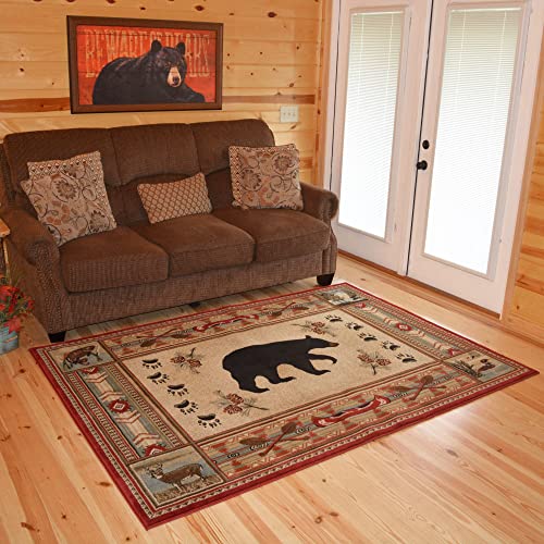 Rustic Lodge Bear Red 4x5 Area Rug, 3'11x5'3