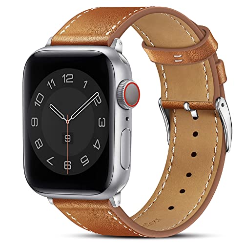 MARGE PLUS Compatible with Apple Watch Band Series SE 8 7 6 5 4 3 2 1 Ultra 49mm 45mm 41mm 44mm 40mm 42mm 38mm, Genuine Leather Replacement Band for iWatch, Leather Apple Watch Strap for Women & Men Brown